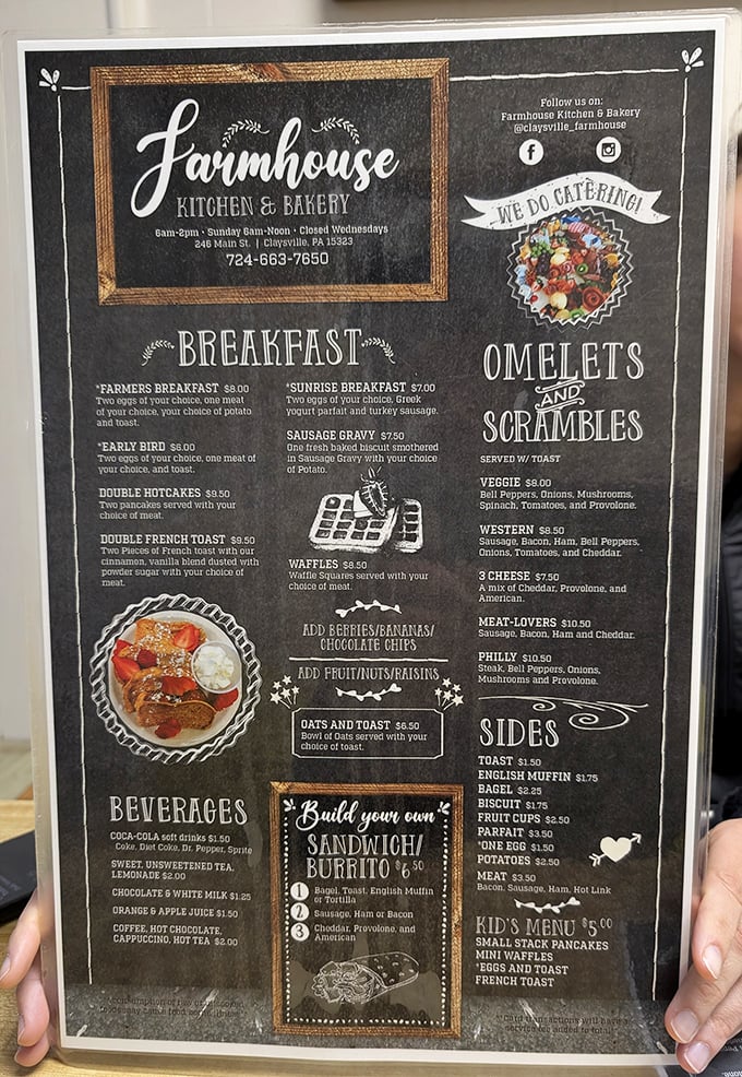 This menu isn't just a list of food – it's a roadmap to happiness with stops at Omelet Town, Waffle Junction, and the Republic of French Toast.