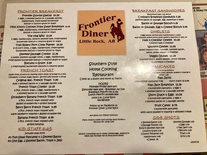 This menu isn't just a list of food—it's a declaration that breakfast deserves respect, attention, and occasionally, a side of country gravy.