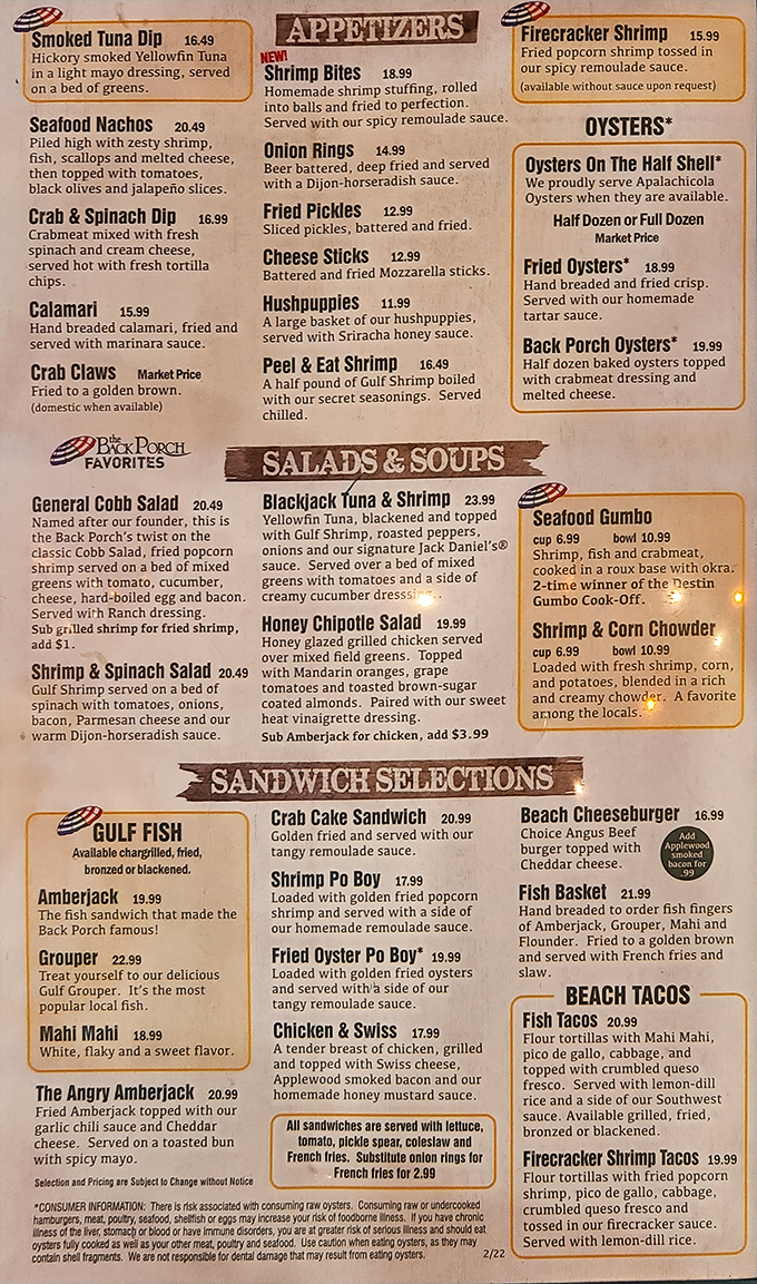 This menu isn't just a list of dishes—it's a treasure map to seafood nirvana. The Mahi-Mahi description may be brief, but the flavor is anything but.