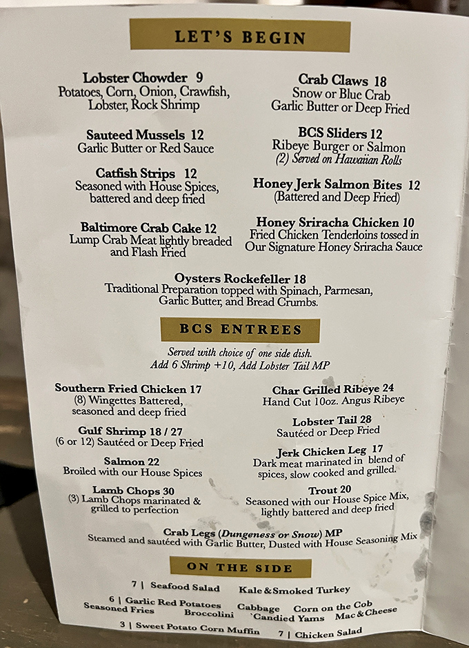 A menu that reads like seafood poetry – from Lobster Chowder to Baltimore Crab Cakes. Decision paralysis has never been so delicious.