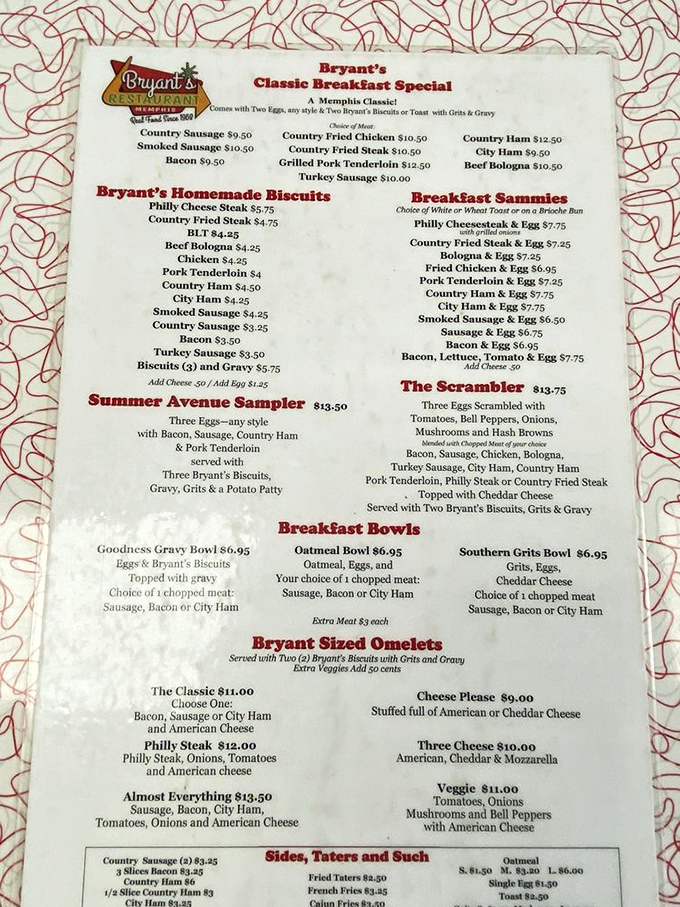 This menu isn't just a list of food—it's a love letter to Southern breakfast traditions that reads like poetry to hungry souls.