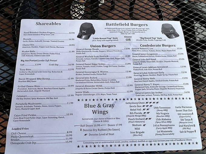 The menu reads like a delicious history lesson—Civil War generals become burger inspirations while wings get ranked by battle intensity.