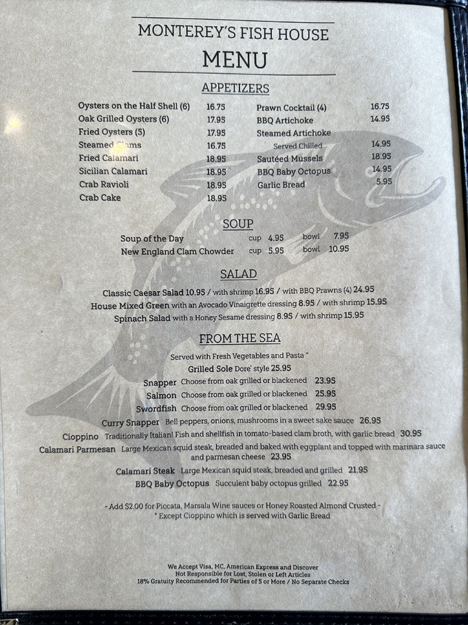 This menu isn't just a list of dishes—it's a treasure map to seafood nirvana. X marks the spot at "Oak Grilled Oysters."