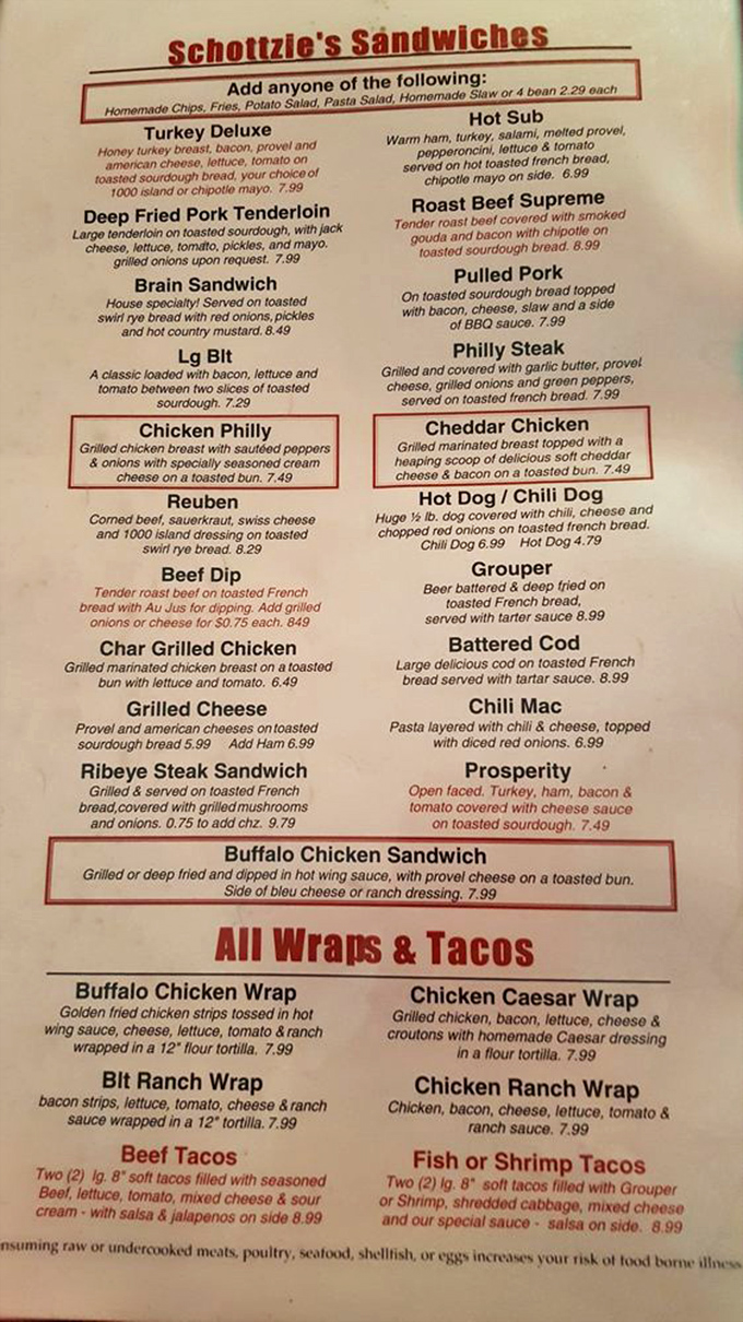 The menu reads like a love letter to Midwest comfort food. That brain sandwich isn't a typo—it's a dare wrapped in tradition.