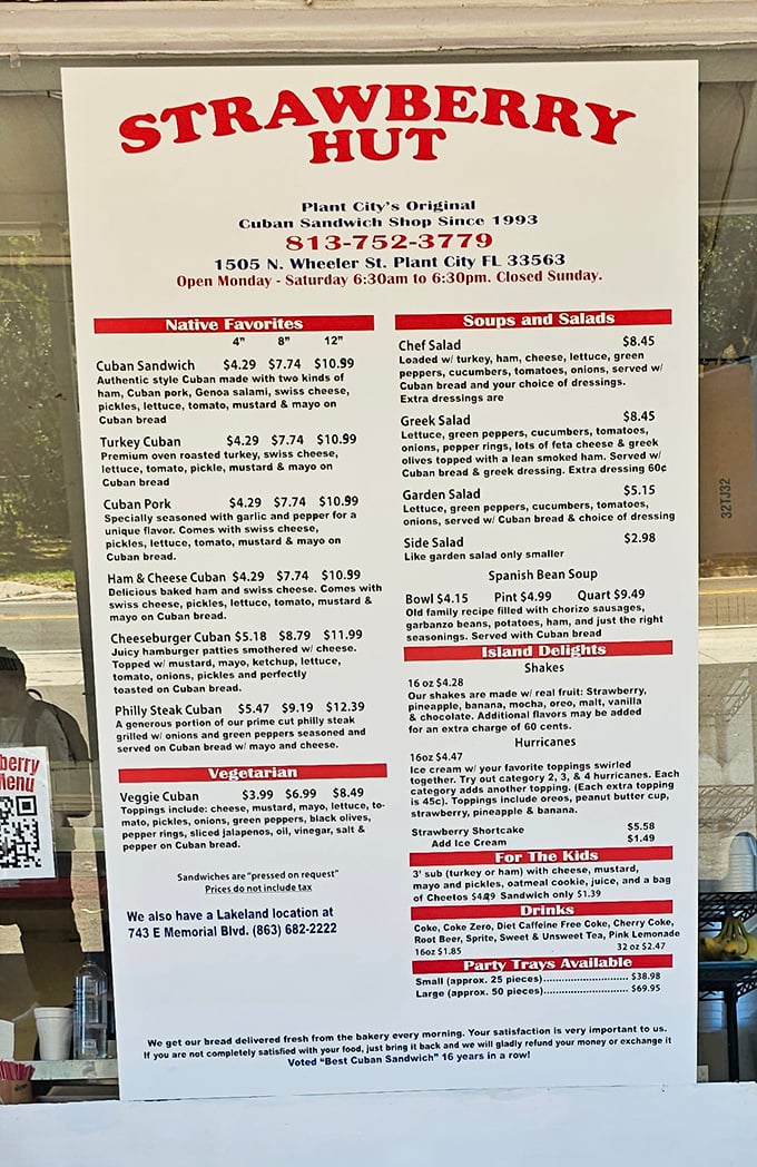 This menu is like a roadmap to sandwich nirvana. Notice how the Cuban options dominate—they know their strengths!