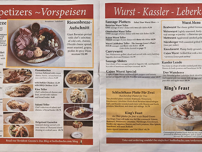 This menu isn't just a list—it's a treasure map to German culinary delights, from pretzels to wurst platters that would make any Bavarian proud.