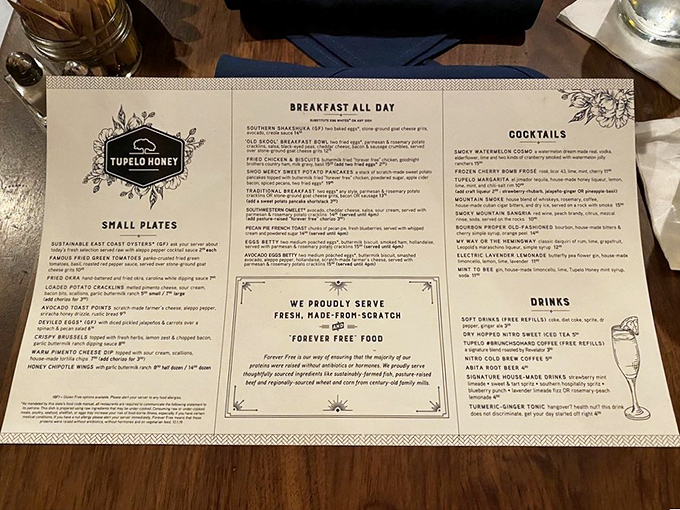 The menu reads like a love letter to Southern cuisine—each description making your stomach growl louder than a neighbor's lawnmower on Sunday morning.