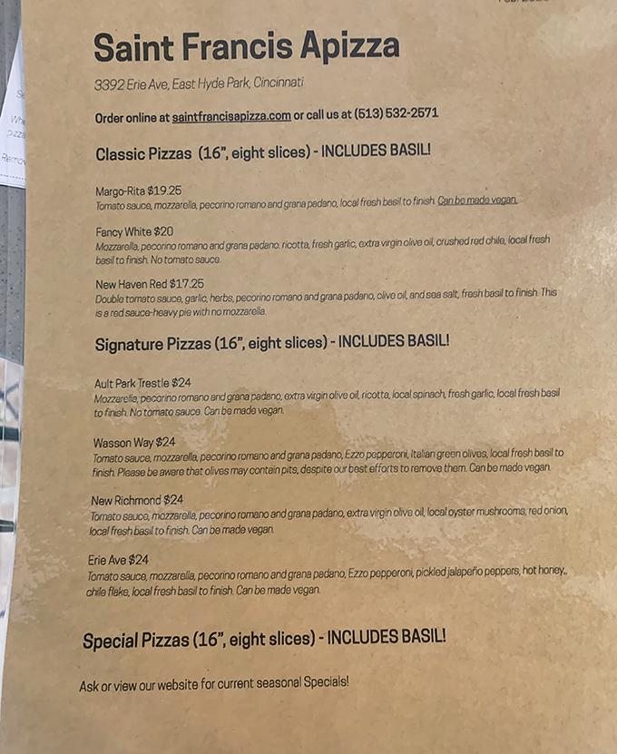 A menu that reads like poetry. Each pizza creation gets its moment in the spotlight, with neighborhood names adding local character to culinary craft.