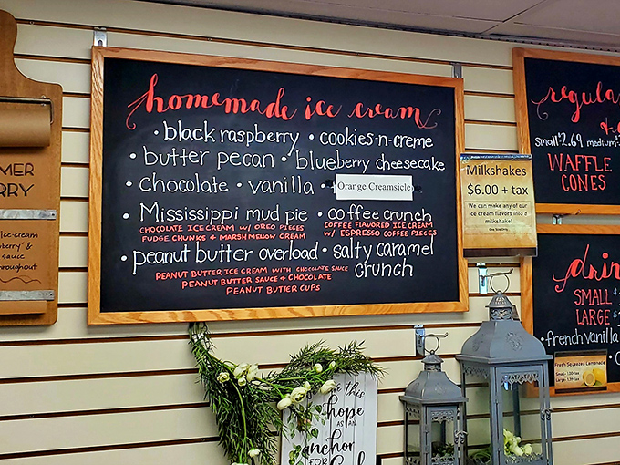 That chalkboard menu isn't just listing ice cream flavors—it's offering a roadmap to happiness. Mississippi Mud Pie or Peanut Butter Overload? Life's toughest decisions.