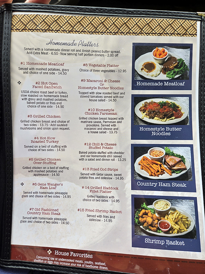 Menu item #1 tells you everything: Homemade Meatloaf leads the parade of comfort classics. This isn't a menu – it's a happiness catalog. 