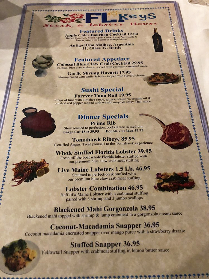 The menu reads like a love letter to both land and sea—that Tomahawk Ribeye isn't just dinner, it's an event.