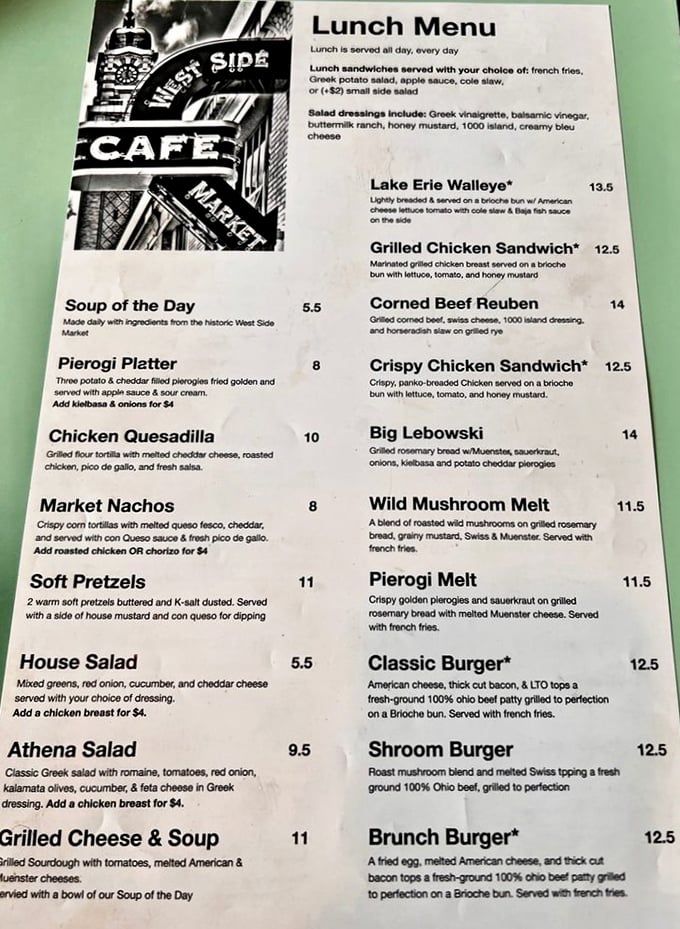 A menu that reads like a love letter to Cleveland comfort food—each item promising a delicious story with Midwestern honesty.