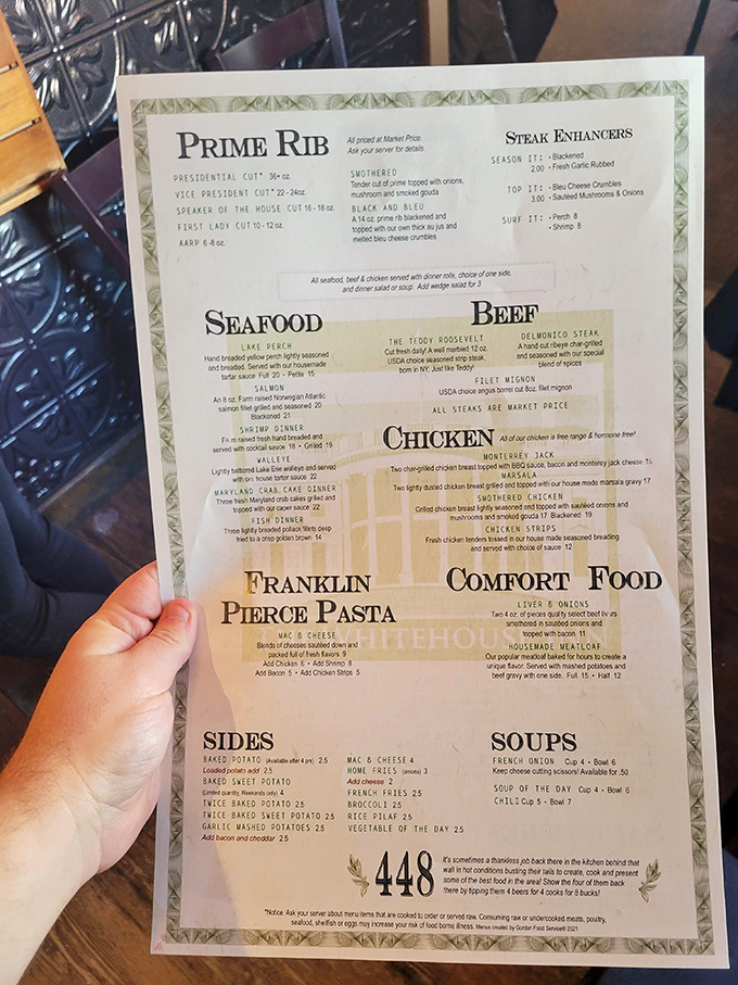 A menu that doesn't need fancy fonts or flowery descriptions—just straightforward promises of prime rib that will haunt your dreams.