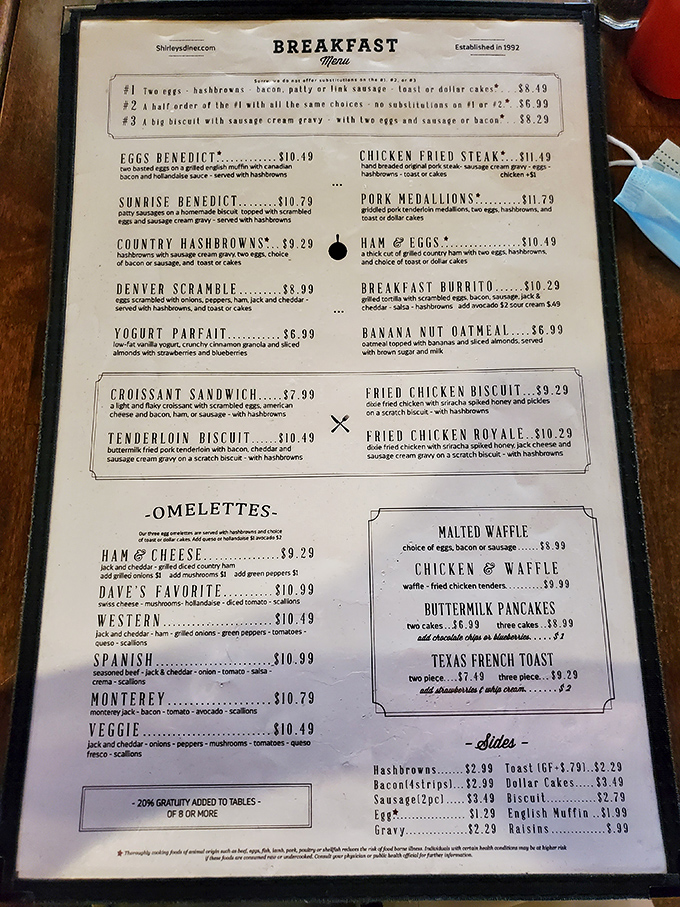 The breakfast menu at Shirley's is like a roadmap to happiness—with the legendary $8.49 special clearly marked as your first destination.