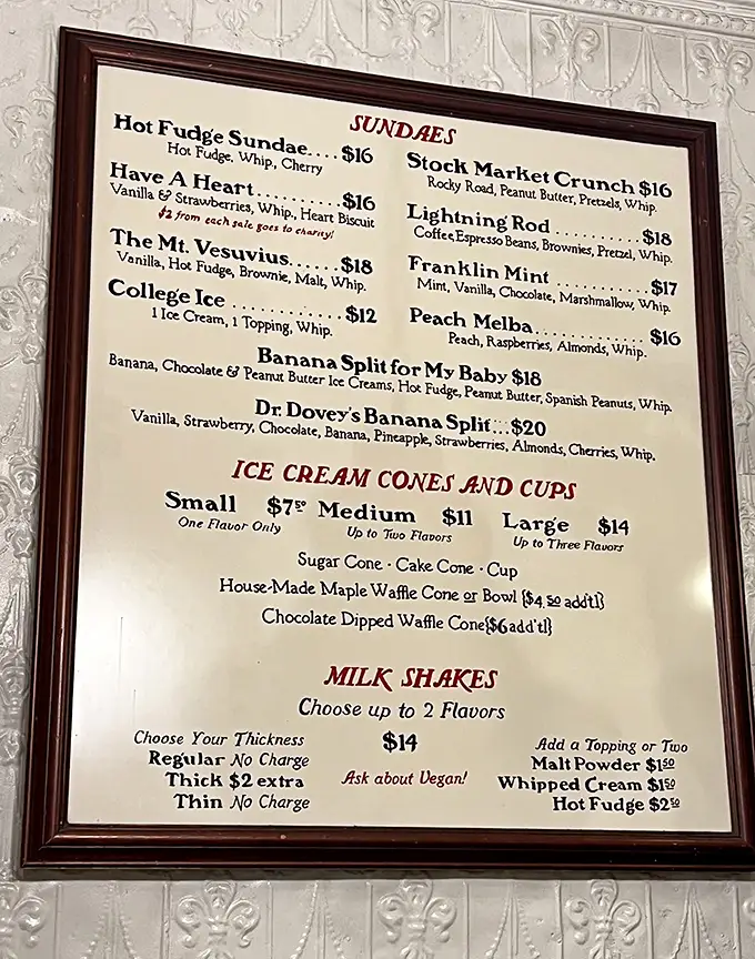 This isn't just a menu—it's a roadmap to happiness. The Mt. Vesuvius sundae erupts with flavor while your diet plans quietly weep in the corner.