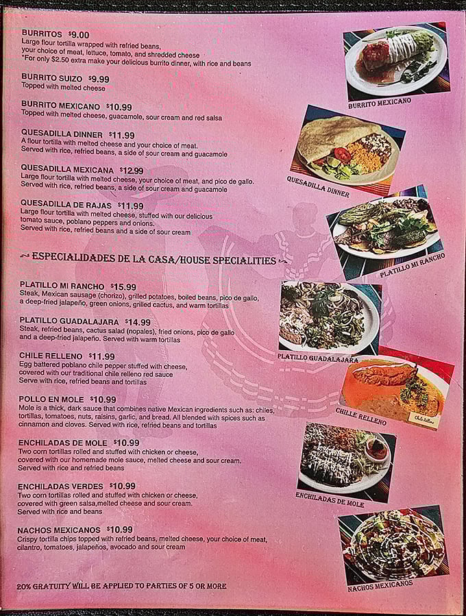 This menu isn't just a list – it's a roadmap to happiness. Each description promises a journey worth taking, especially that Platillo Guadalajara with its cactus salad.