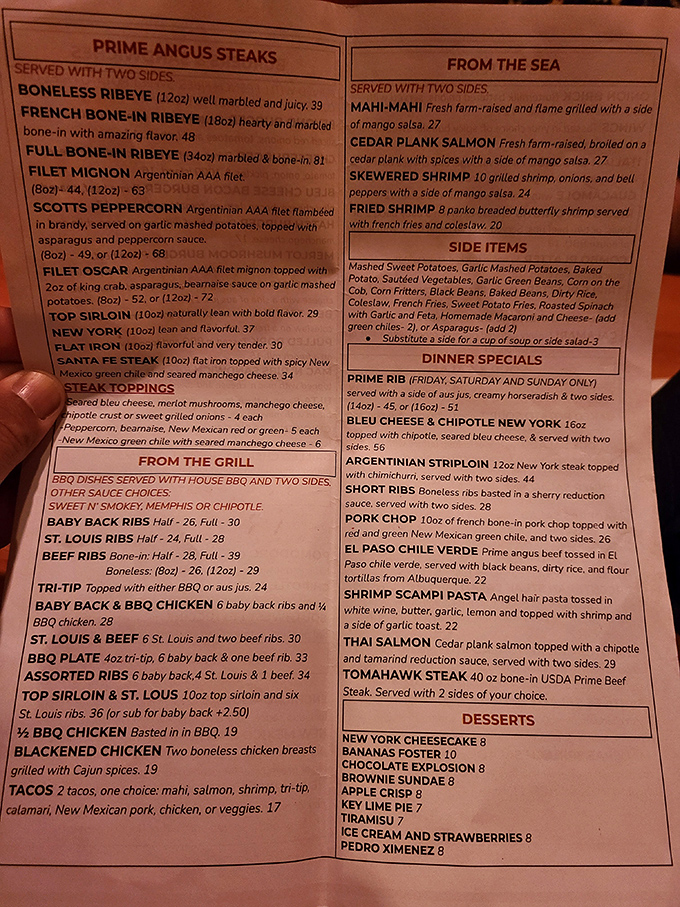 This isn't just a menu—it's a bucket list for beef enthusiasts. From bone-in ribeyes to cedar plank salmon, each description reads like poetry for your palate.