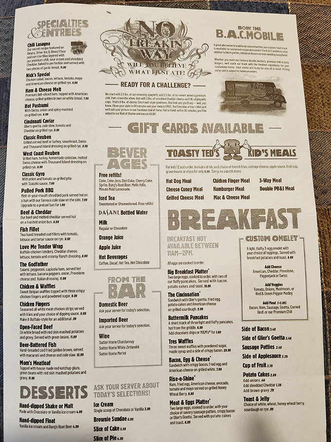The menu reads like a love letter to comfort food. That "No Way Challenge" isn't just a dare—it's a gastronomic Everest waiting to be conquered.