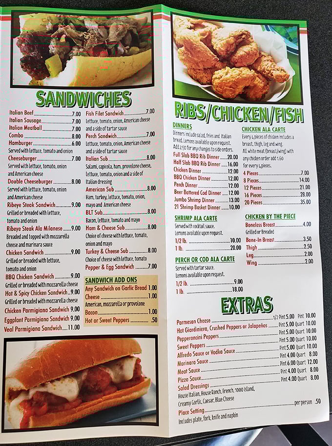 A menu that reads like a love letter to Italian-American classics. No QR codes here—just laminated pages of culinary possibilities.