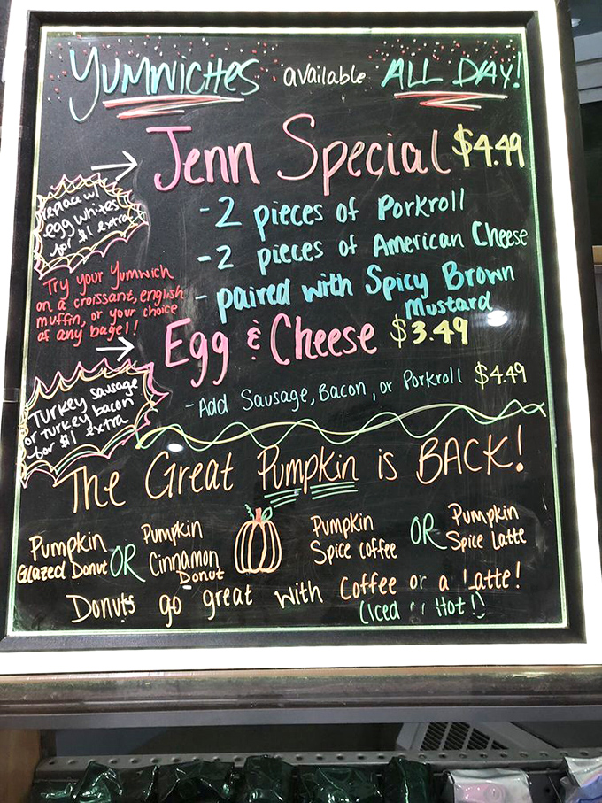 The chalkboard menu promises seasonal treasures. "The Great Pumpkin is BACK!" isn't just a Charlie Brown reference—it's cause for celebration among donut aficionados.