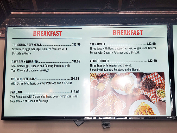 This menu isn't just a list of options – it's a roadmap to happiness. The Truckers Breakfast isn't messing around, folks.