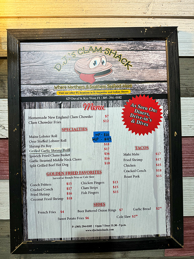 The menu reads like a love letter to seafood. Notice the "As Seen On" badge—fame hasn't changed the quality, thankfully.