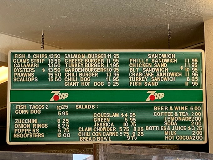 The menu board tells you everything you need to know: straightforward seafood classics at honest prices. No pretension, just deliciousness.