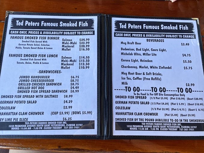 A menu that doesn't require a dictionary or a loan officer—just straightforward offerings of what they do best: transforming fish into smoky perfection.