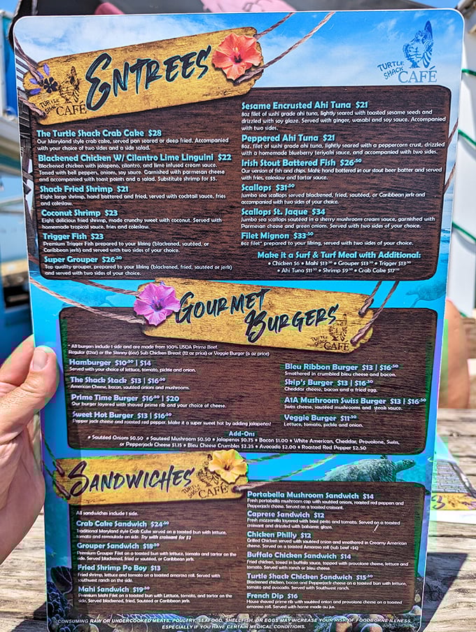 A menu that reads like a love letter to seafood lovers. The coconut shrimp is calling your name—can you hear it?