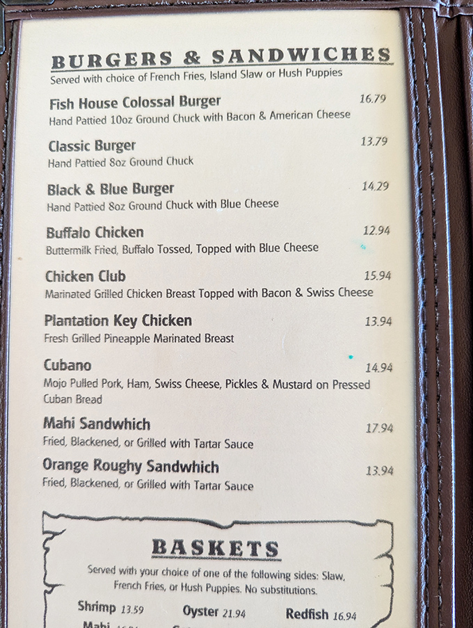 A menu that reads like a love letter to the sea. The Orange Roughy sandwich isn't just a meal—it's a Florida tradition worth breaking your diet for.