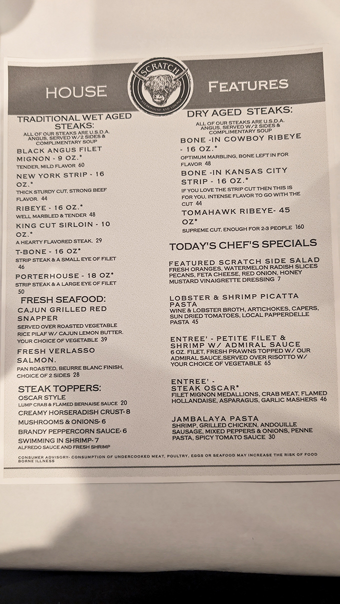 This menu reads like poetry for meat lovers. Each cut described with such reverence, you'll want to frame it after ordering.