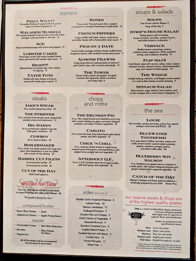 A menu that reads like poetry to meat lovers. Notice how they don't just list steaks—they give them personalities and backstories. 