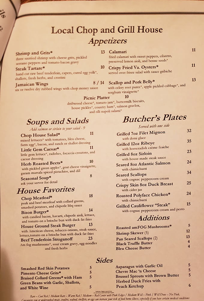 A menu that reads like a love letter to Virginia agriculture – notice those asterisks marking locally-sourced ingredients? That's commitment, not decoration.