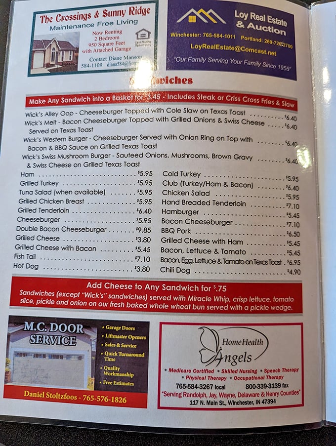 A menu that reads like comfort food poetry. The "Wick's Alley Oop" isn't just a sandwich – it's a culinary slam dunk.