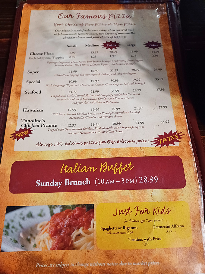 A menu that doesn't need fancy fonts or pretentious descriptions—just honest Italian food that speaks for itself. The "twins" deal is the unsung hero here.