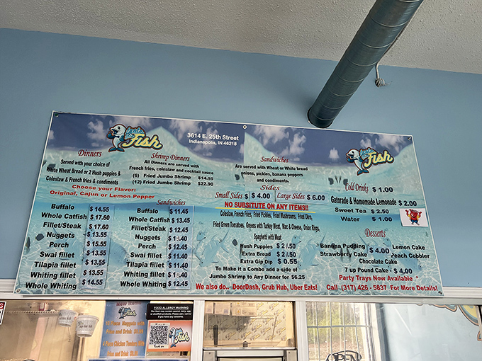 The menu board—a seafood treasure map where X marks the spot for everything from catfish to buffalo fish, with sides that aren't mere afterthoughts.