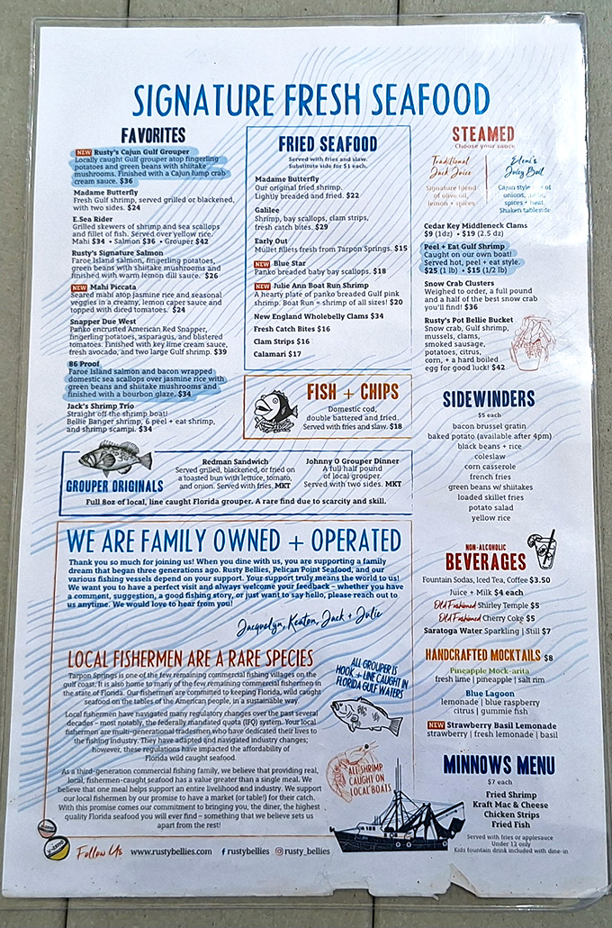 A menu that reads like love letters to the sea. The "family owned + operated" line at the bottom isn't marketing—it's the secret ingredient.