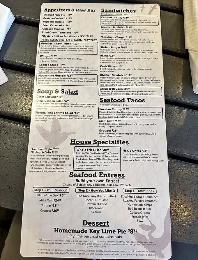 A menu that reads like a love letter to the Gulf. From grouper "cheek" bites to moonshine mussels, every offering promises a Florida seafood adventure.