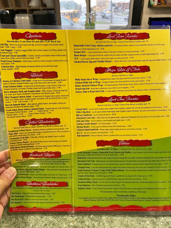 This menu isn't just a list of food—it's a roadmap to happiness. Each section promises comfort food nirvana with farm-fresh ingredients.
