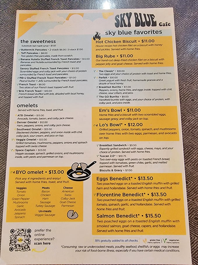 This menu reads like breakfast poetry—where else can you find a Space Captain omelet alongside Banana Nutella French Toast?
