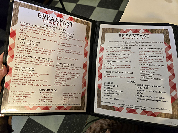 This menu isn't trying to impress with fancy fonts or trendy ingredients – it's the culinary equivalent of your most comfortable pair of shoes.