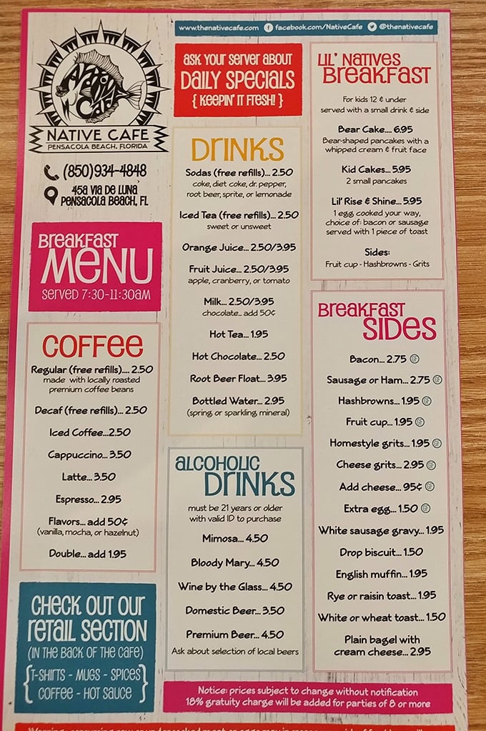 The menu reads like a love letter to breakfast classics with a Gulf Coast twist—simple perfection that doesn't need fancy font or flowery descriptions.