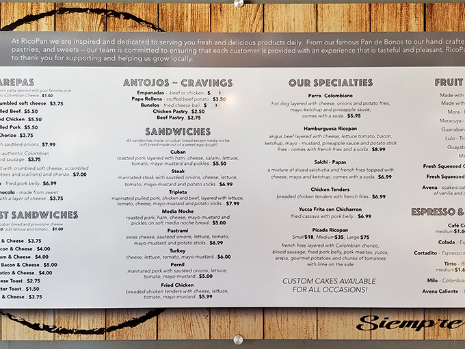 The menu reads like a love letter to Latin American cuisine, offering everything from arepas to empanadas, with sandwiches and sweets that make decision-making a delicious dilemma.