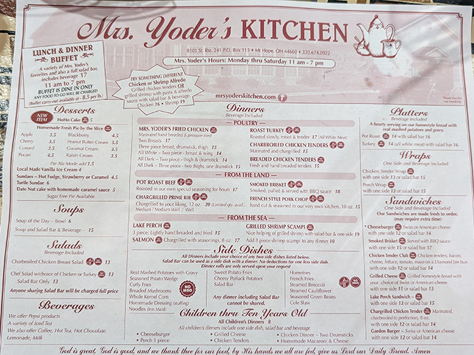 This menu isn't just a list of dishes—it's a roadmap to happiness. The prayer at the bottom reminds you this is dining with heart and soul.