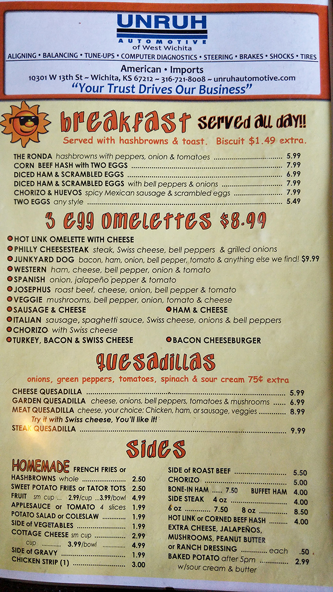The breakfast menu reads like poetry to hungry souls. Three-egg omelets for $8.99? Now that's a love language everyone understands.