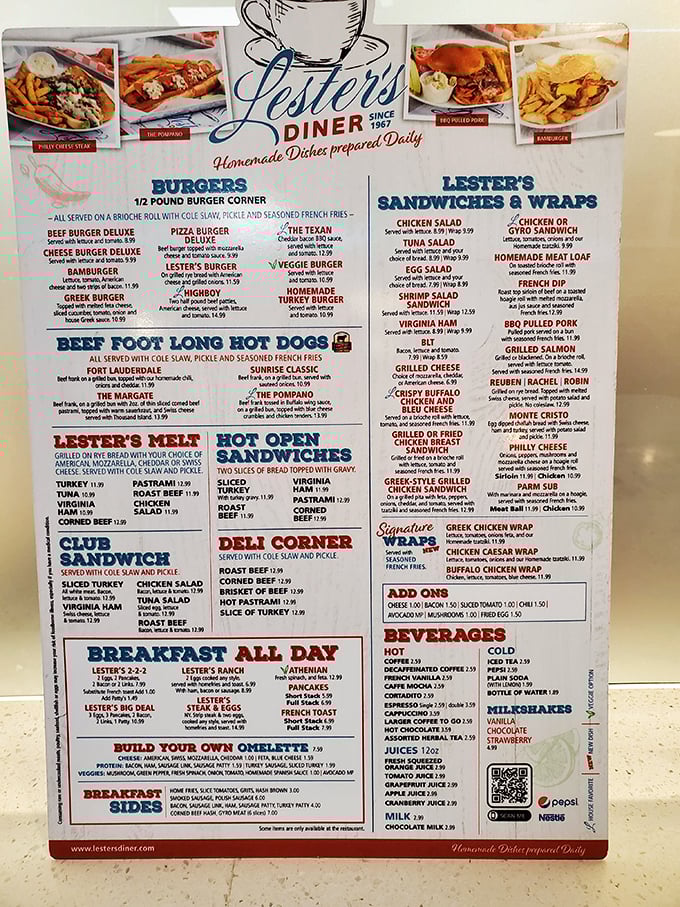 This menu isn't just extensive—it's a novel of comfort food possibilities. The "Breakfast All Day" section alone could solve most of life's problems.