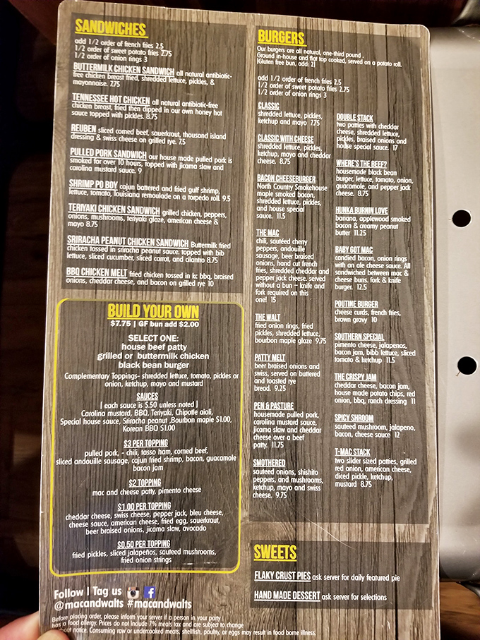 A menu that reads like comfort food poetry—each description a promise that whatever diet you're on can wait until tomorrow.