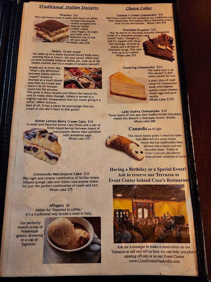 The dessert menu reads like a love letter to sweet tooths everywhere, with options from towering cheesecake to affogato that'll make you forget your diet resolutions.