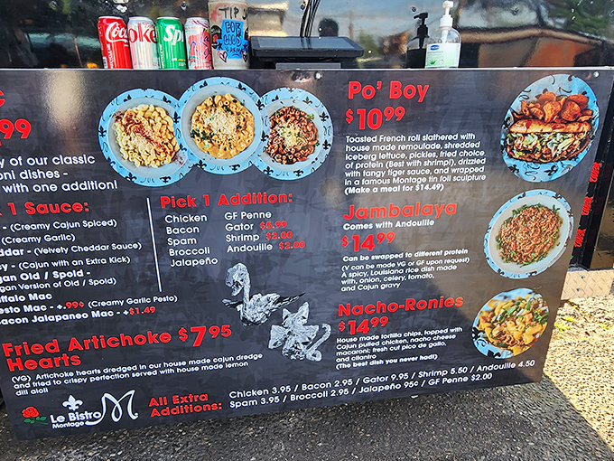 A menu that reads like a love letter to comfort food. Each mac and cheese variation promises a different path to culinary bliss.