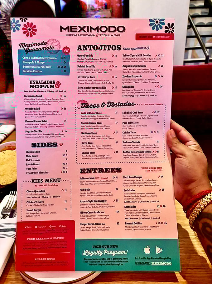 A menu that reads like a love letter to Mexican cuisine. Each section tempts you to order everything—the true definition of delicious decision paralysis.